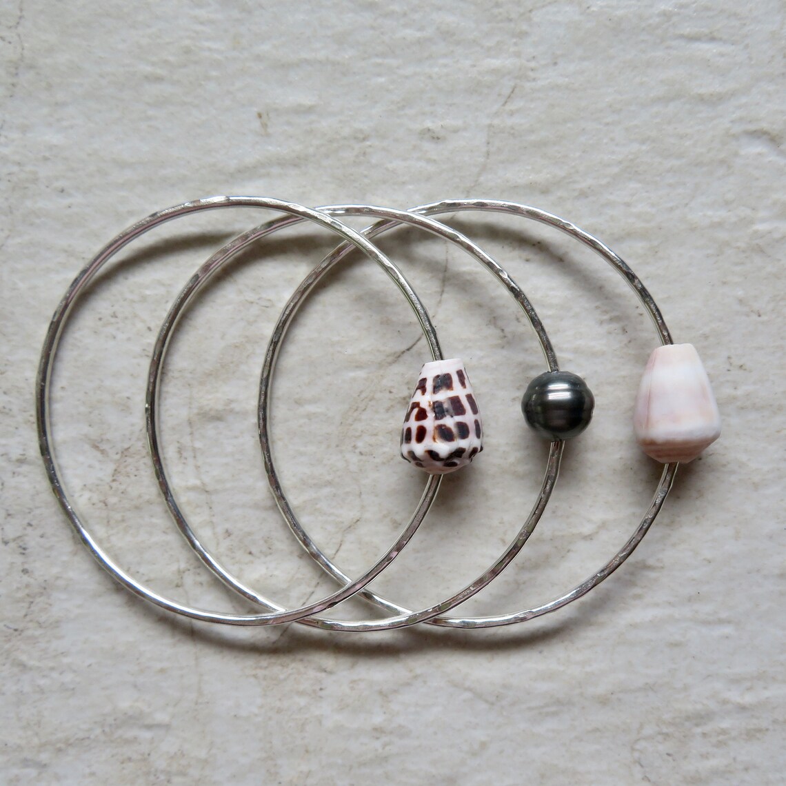 Sterling Silver Bangles 1 Tahitian Pearl 2 Hawaiian Shells | Etsy