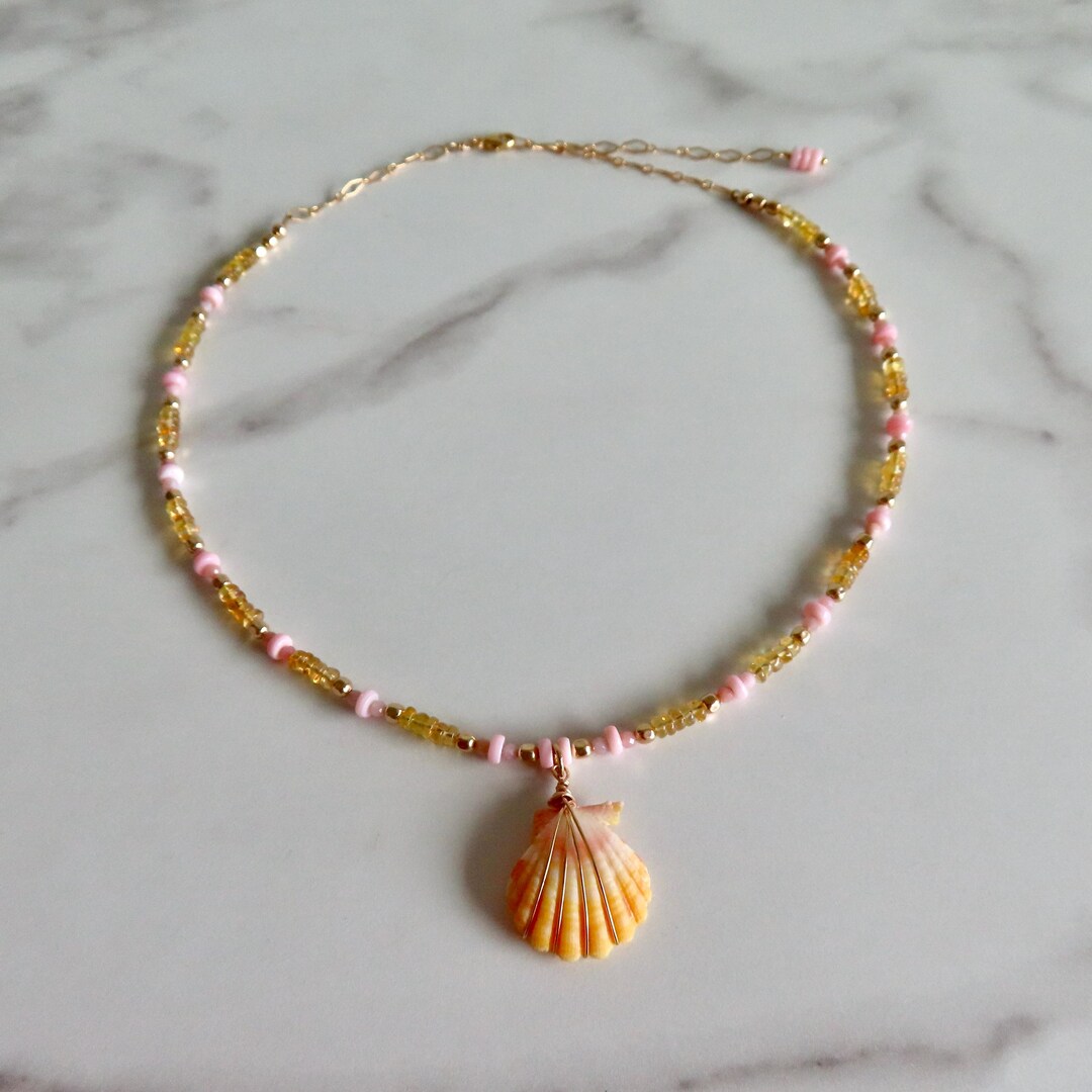 Sunrise Shell Choker Necklace, Yellow Pink Opal Gemstones, Gold Wire ...