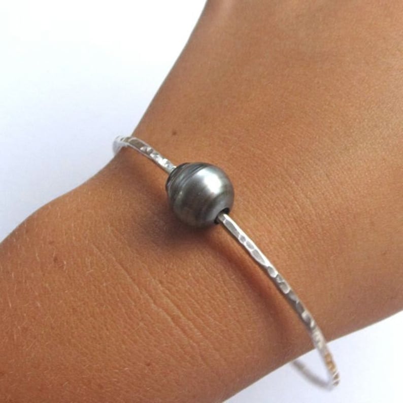 Tahitian Pearl Bangle Silver Hammered Bracelet Hawaiian - Etsy