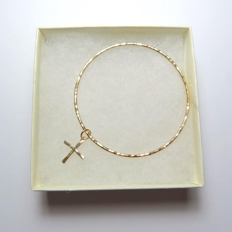 Gold Cross Charm Bangle Hammered Bracelet Christian Inspired | Etsy