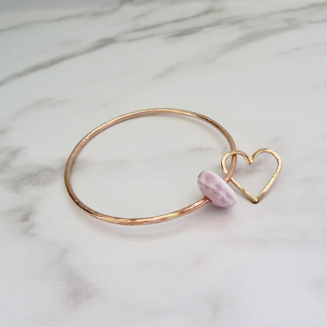 Hawaiian Puka Shell Bangle, Gold Hammered Heart, Hawaii Beach Jewelry ...