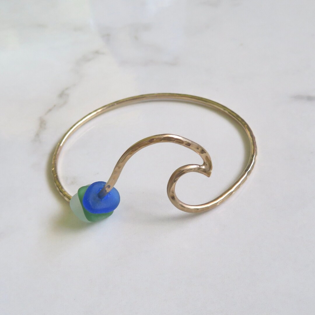 Wave Bangle, Thick Gold Hammered Bracelet, Hawaiian Seaglass, Surfer ...