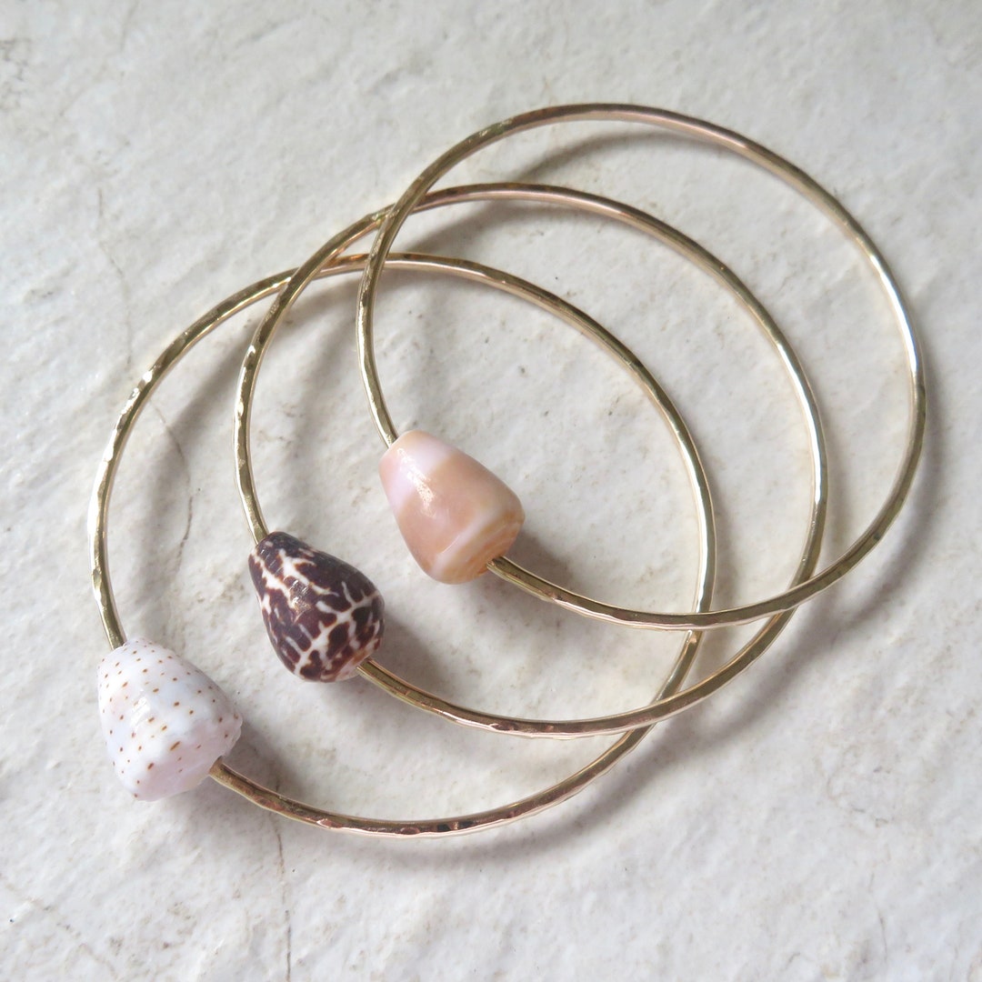 Gold Shell Bangles, Set of 3 Hammered Bracelets, Hawaii Beach Jewelry ...