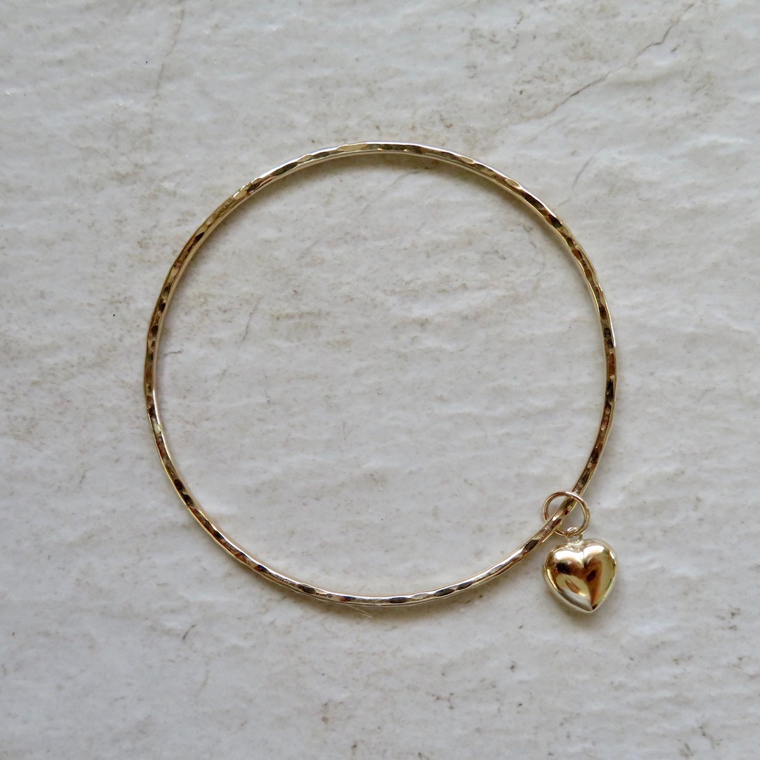 Gold Heart Charm Bangle, Personalized Jewelry, Hammered Bracelet ...