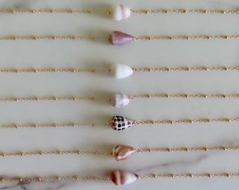 Hawaiian Cone Shell Y Necklace, 14kt Gold Filled, White Pearls, Pastel ...