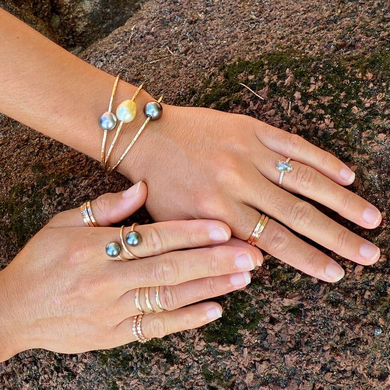 Double Tahitian Pearl Wrap Ring Gold Hammered Band Genuine | Etsy