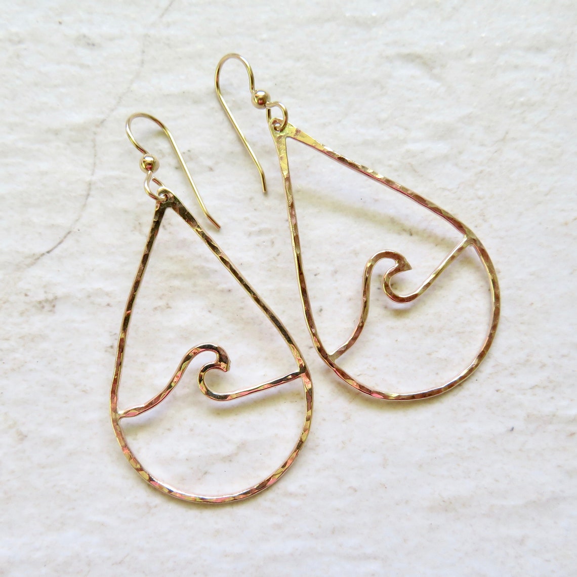 Gold Teardrop Hammered Hoop Wave Earrings Hawaii Beach - Etsy