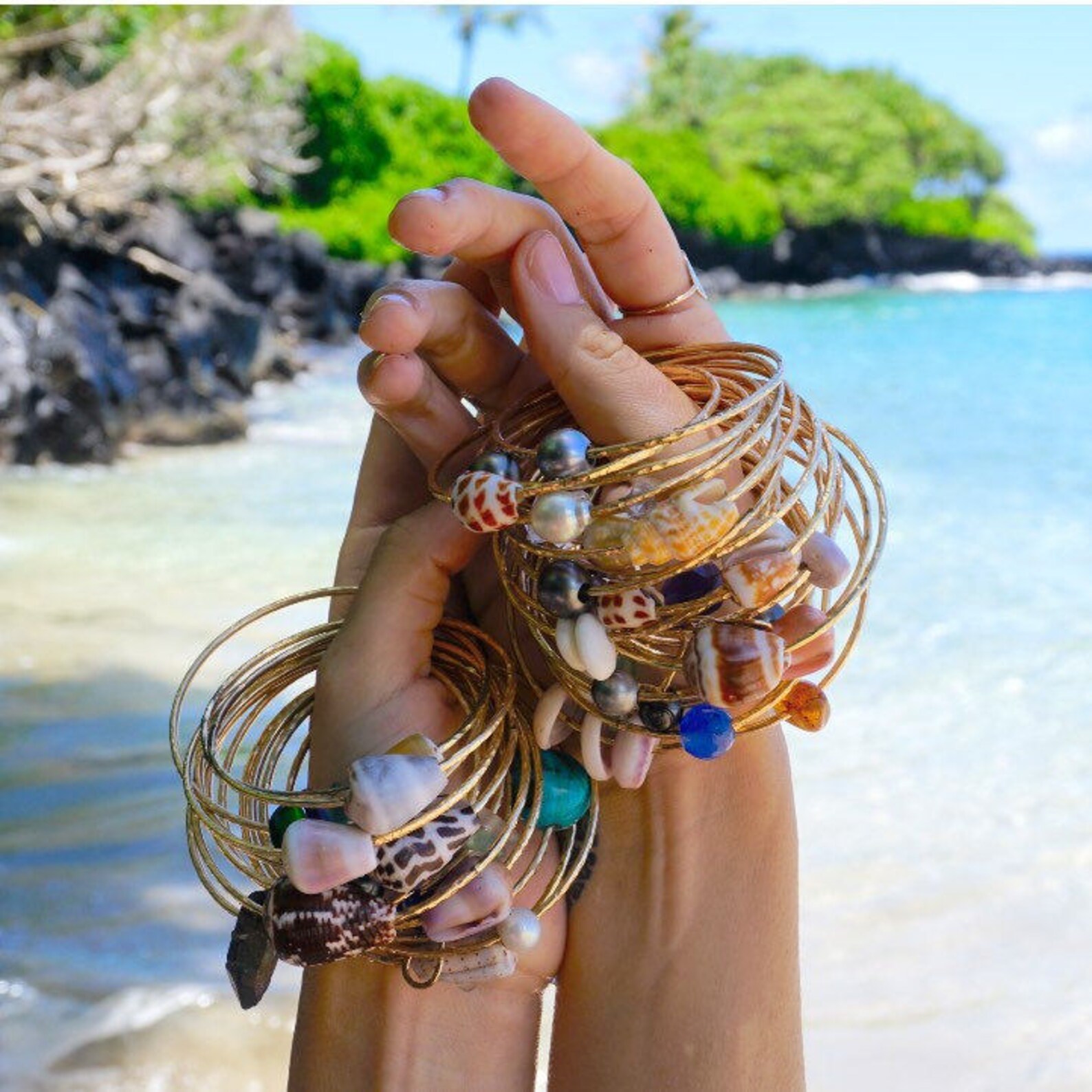 Hawaiian Puka Shell Bangle Gold Hammered Heart Hawaii Beach | Etsy