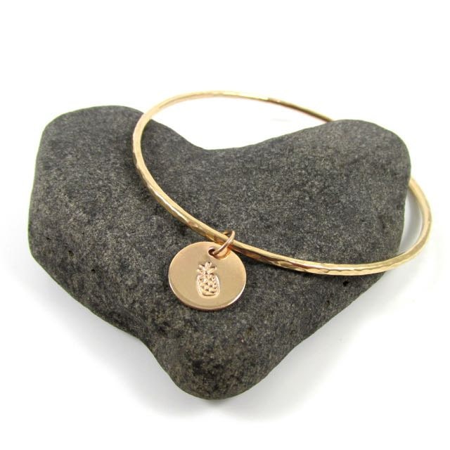 Charm Bangle Gold Hammered Personalized Bracelet Pineapple | Etsy