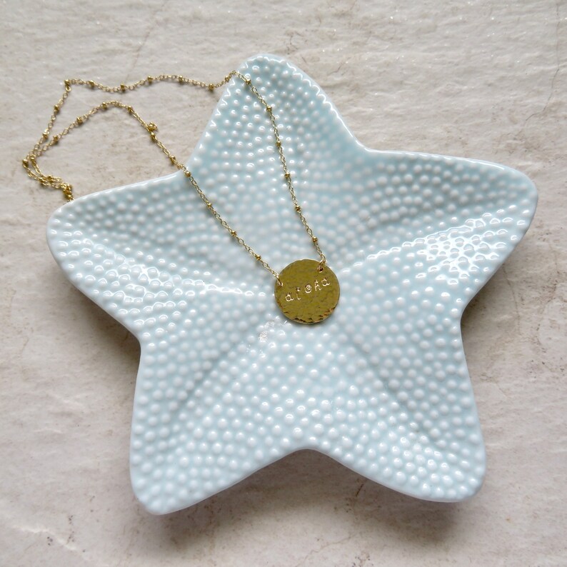 Gold Hand Stamped Aloha Necklace Textured Circle Charm | Etsy