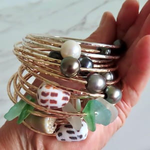 Gold Shell Bangle, Hawaii Beach Jewelry, Stacking Bangles, Hawaiian Shell Bracelet, Surfer Girl ...