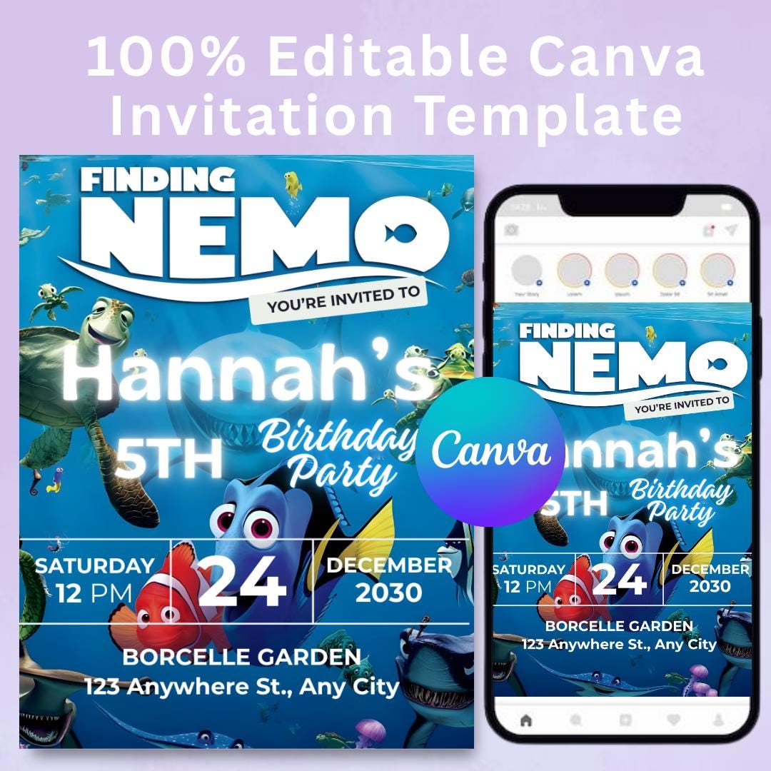 Finding Nemo Birthday Invitation: Editable Ocean Party Invite (canva ...