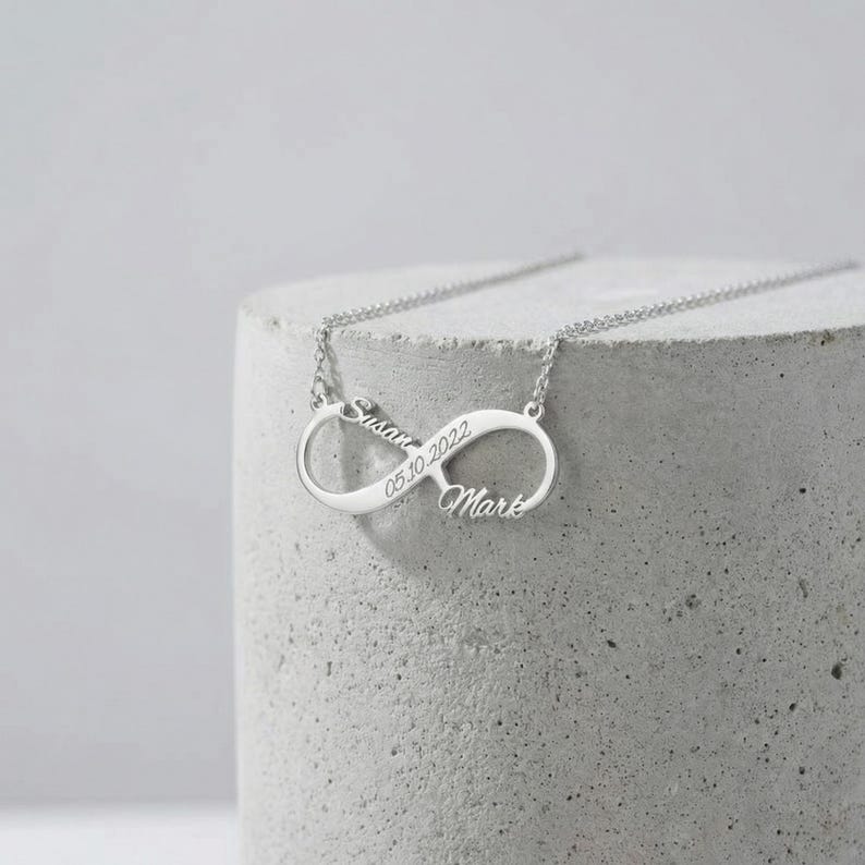 14k Gold Plated Infinity Shape 2 Name Necklace With Engraved Date ...