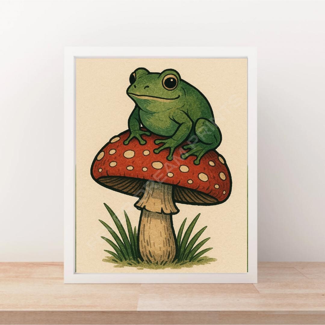 Frog on Toadstool Print: Whimsical Cottagecore Wall Art - Etsy