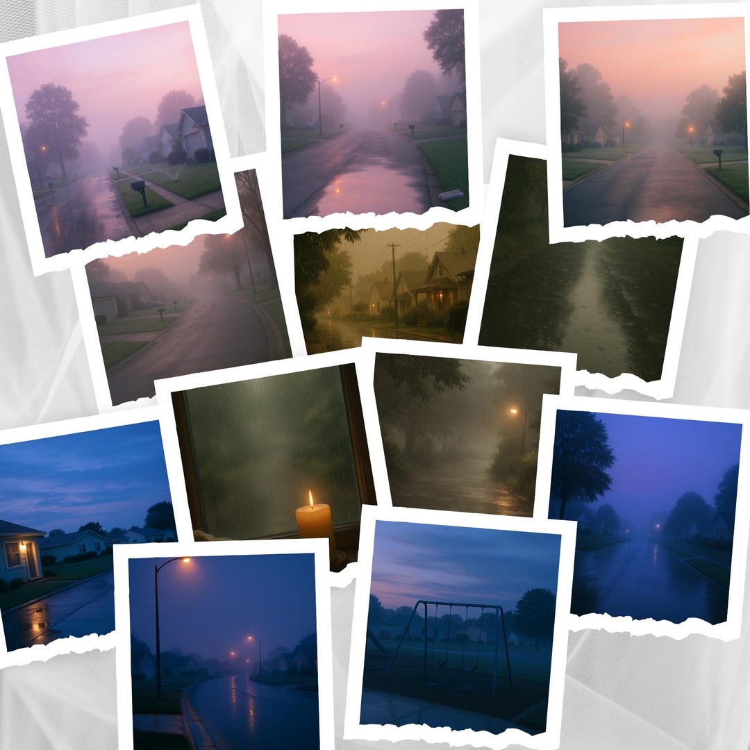 12 Dreamcore Mini Prints on One Page – Misty Suburb, Rainy Night ...