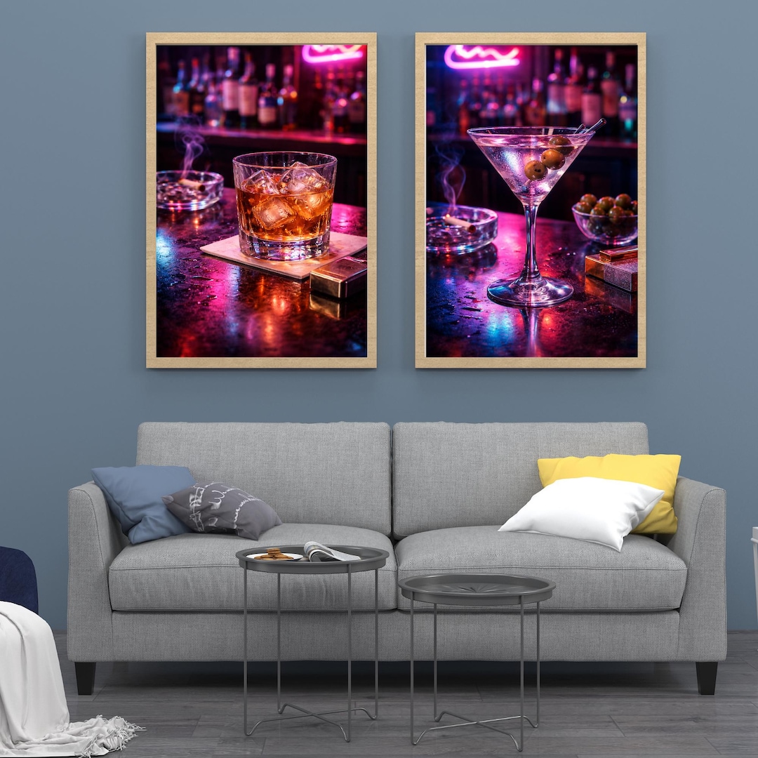 90s His and Hers Bar Prints Set of 2 – Neon Martini & Whiskey Lounge ...