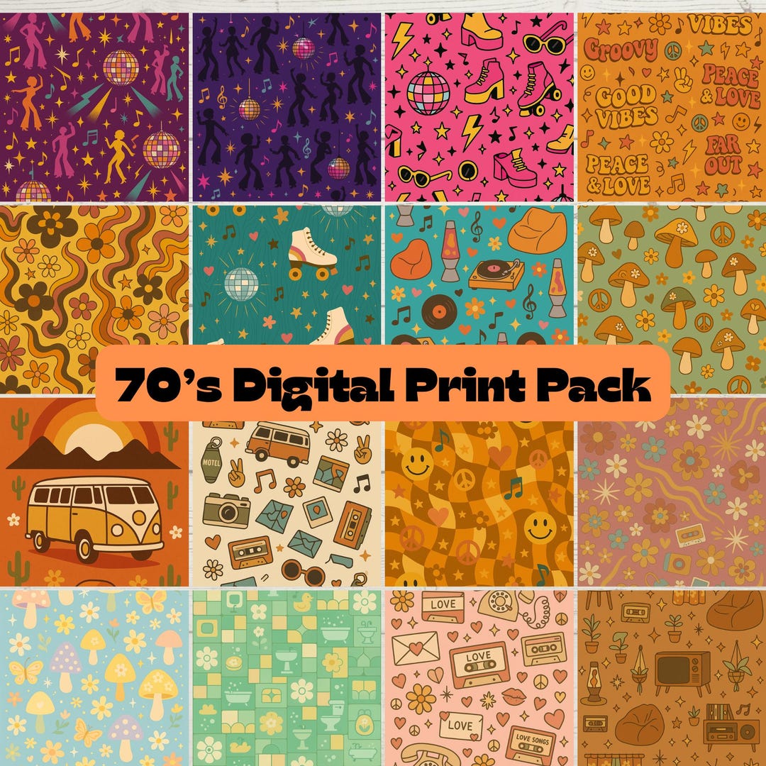 70s Groovy Digital Paper Pack | 16 Retro Prints | 4x6 & 8.5x11 Vertical ...