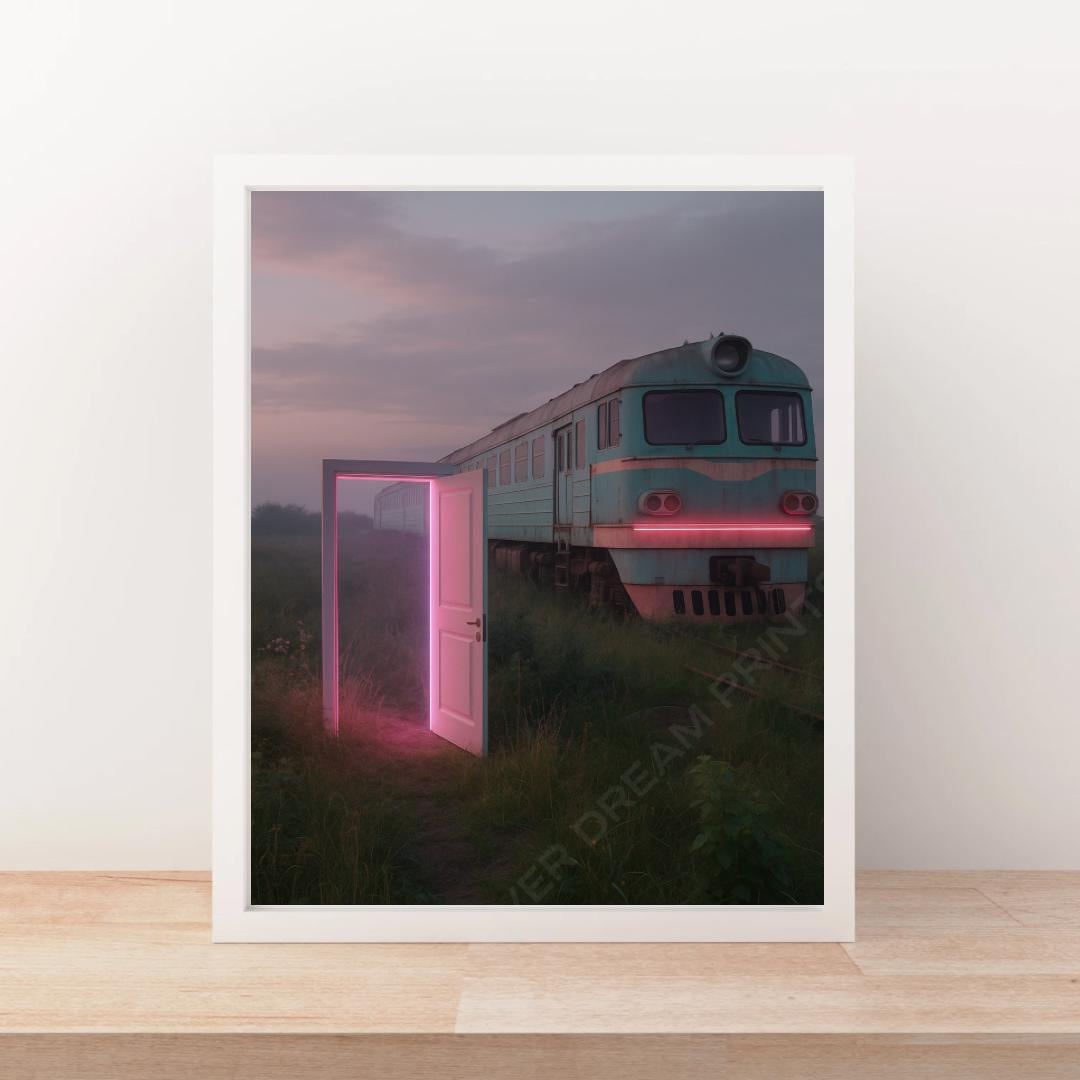 Dreamcore Wall Art | Neon Door & Train | Surreal Liminal Space Digital ...