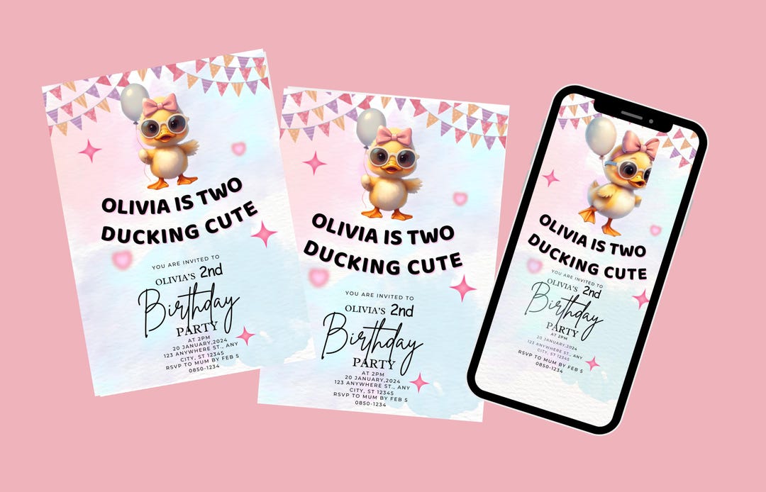 Editable Yellow Duck 2nd Birthday Invitation, Duck Theme Party, Lucky ...