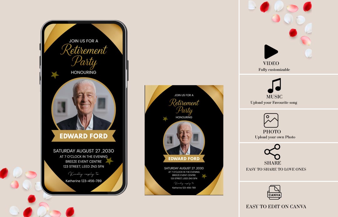 Black and Gold Retirement Animated Invite, Mobile Evite, Video ...
