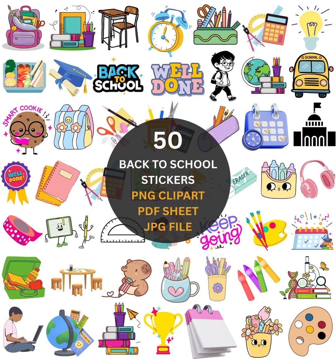 Back to School Clipart Set, 50 Cute Stickers (PNG, PDF, JPG) - Etsy