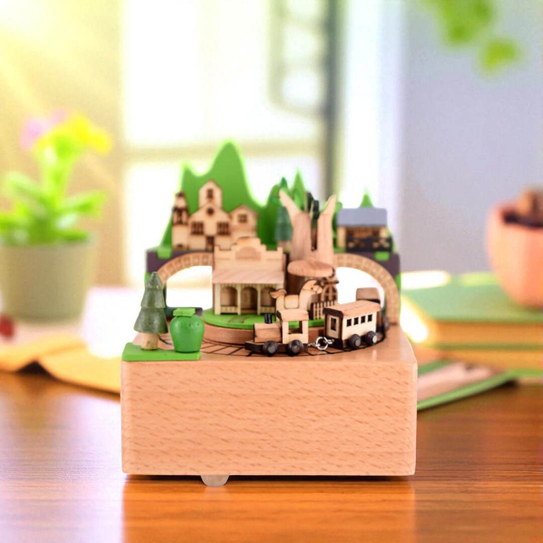 Handmade Wooden Train Music Box, Rotating Village Scene - Etsy