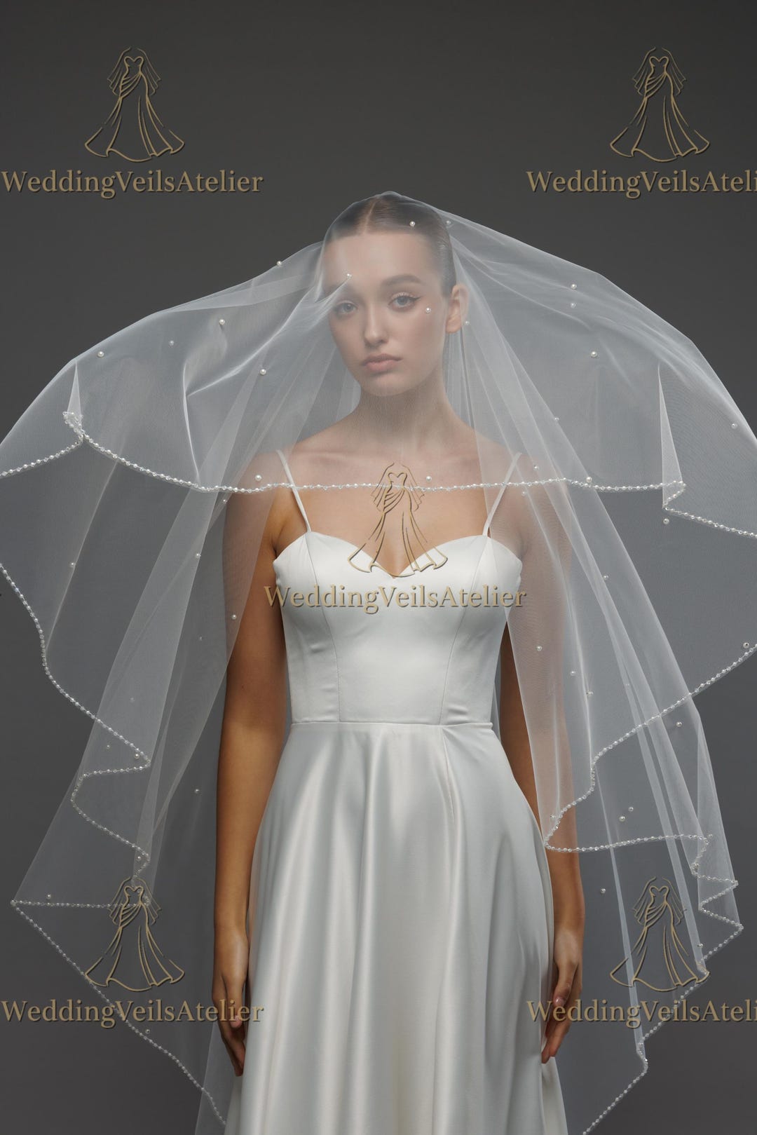 Blusher Pearl Edge Wedding Veil Beaded Two Tier, Chapel Length Drop ...