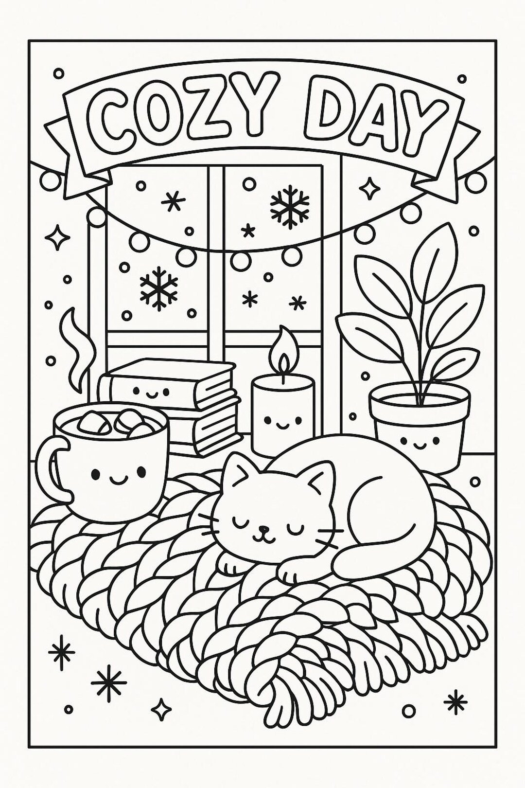 Cozy Day Coloring Page – Cute Cat, Cocoa, Books & Winter Decor ...