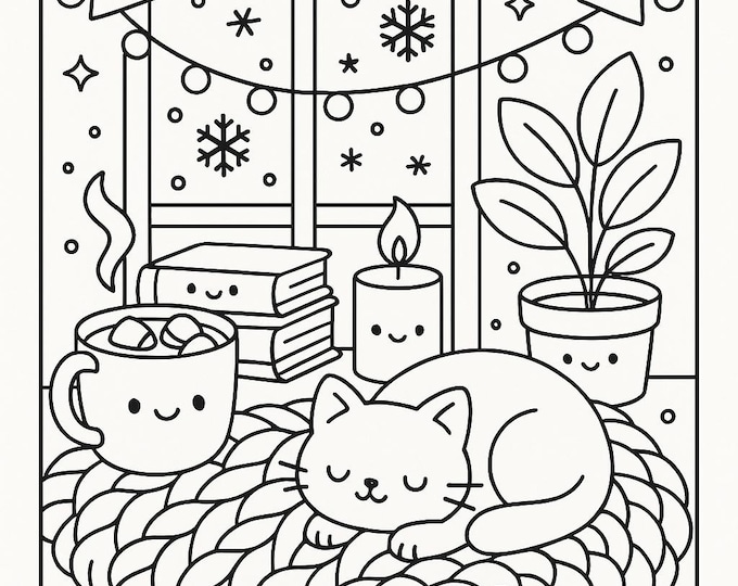 Cozy Day Coloring Page – Cute Cat, Cocoa, Books & Winter Decor ...