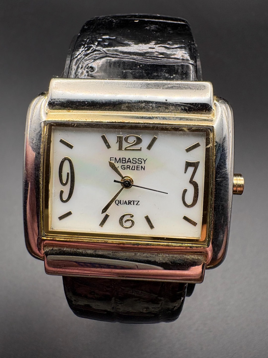 Vintage Gruen Embassy Quartz Watch, Two-tone Tank, Black Cuff Bracelet ...