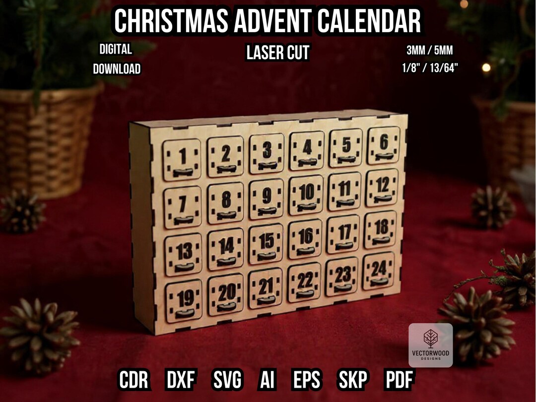 Laser Cut Christmas Advent Calendar SVG: 24 Drawer Design (digital ...