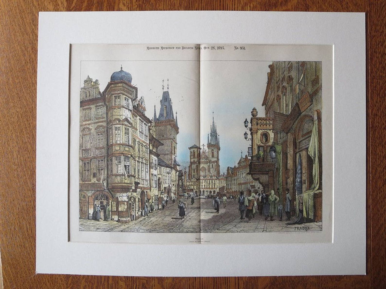 Sketch of Prague by Samuel Prout, 1893. Hand Colored, Original Plan ...