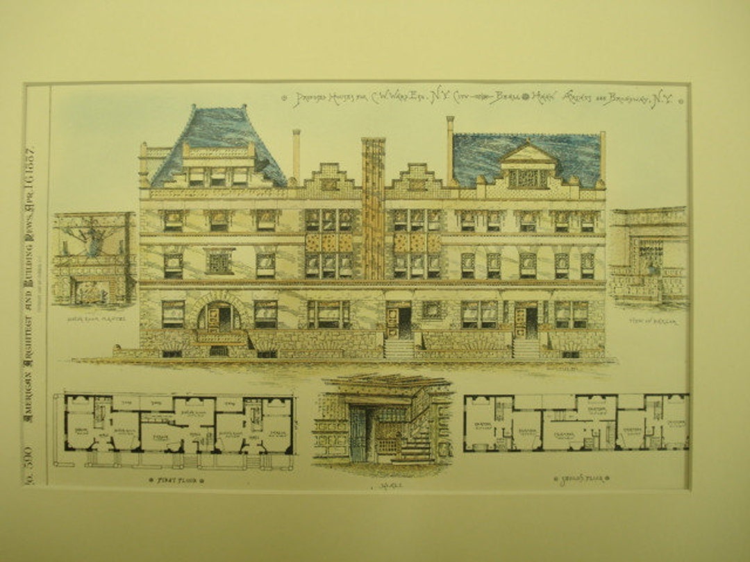 Hand Colored, Original Plan, C. W. Ward Houses, New York, 1887, Beall ...