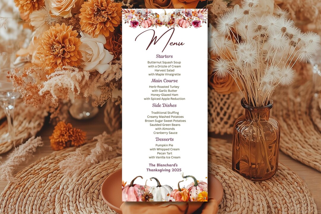 Thanksgiving Welcome Sign & Menu Bundle Fall Pumpkin Floral Set ...