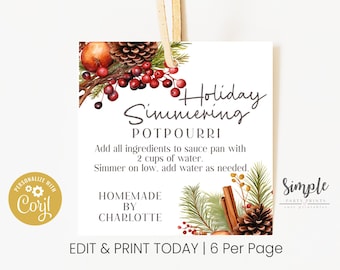 Printable Holiday Simmering Stovetop Potpourri Tag, Teacher Employee ...
