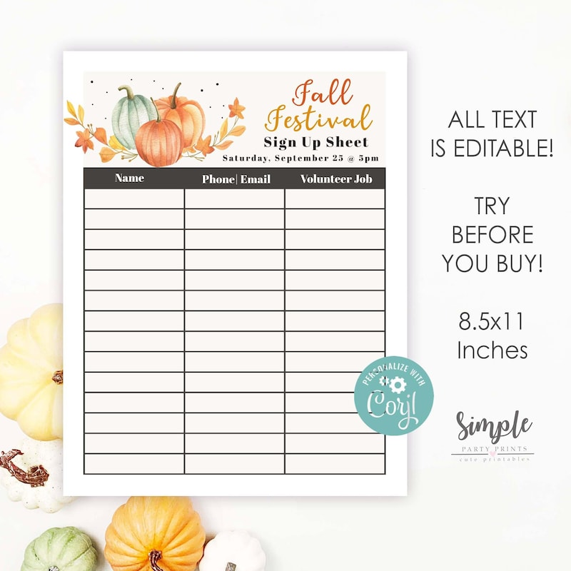 Fall Potluck Sign up Sheets - Etsy