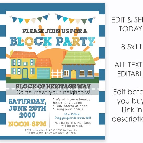 EDITABLE Neighborhood Block Party Invite Bbq Picnic Summer - Etsy