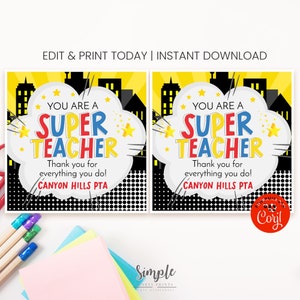 Printable Teacher Appreciation Tags, Superhero Themed, Printable Super ...