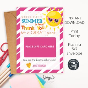 Printable End of the School Year Gift Card Holder, Teacher Appreciation ...