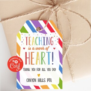 Printable Rainbow Thank You Tags for Teachers, Work of Heart Favor Tags ...