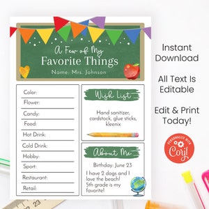 Printable Teachers Favorites Template | School Appreciation Supplies ...