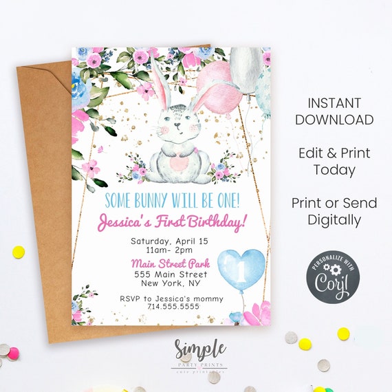 Printable Easter Bunny Birthday Party Invitations, Girl Birthday ...