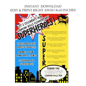 Editable Teacher Appreciation Week Flyer | Printable Superhero Teacher ...
