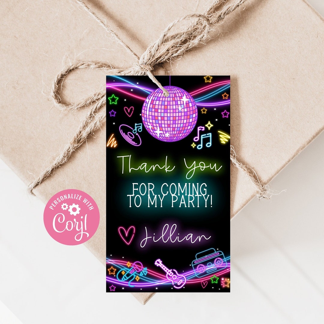 Glow Party Printable Thank You Tags Editable Neon Birthday Favor Tag ...