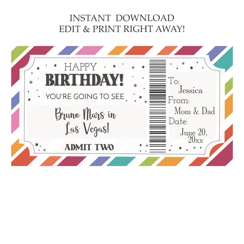 Printable Happy Birthday Concert Ticket Template, Show Certificate Gift ...