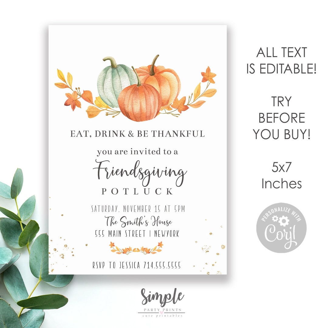 Friendsgiving Potluck Invitation, Thanksgiving Day Dinner Invitations ...