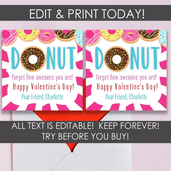 Donut Valentines Day Kids Cards Valentine's Day Tags | Etsy