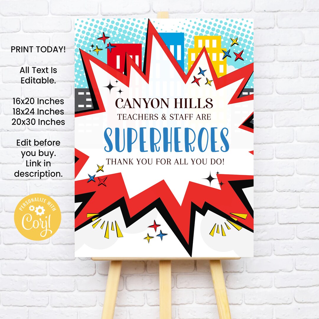 Editable Superhero Themed Teacher Appreciation Blank Sign Template ...
