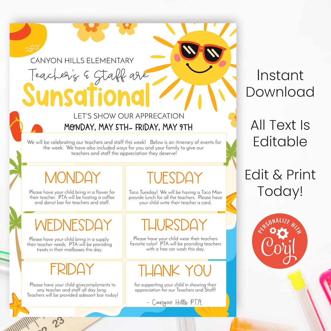 Printable Sunsational Teacher Appreciation Flyer TAW Instructions ...