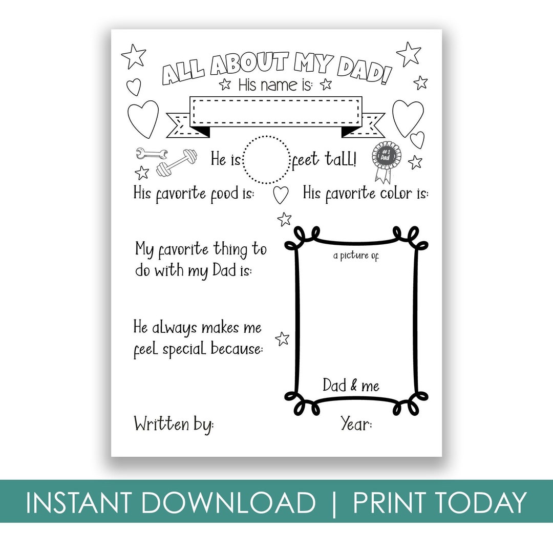Printable All About My Dad Coloring Page, Gifts From Kids for Father's ...